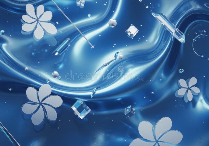Abstract Floral Patterns on Reflective Blue Surface with Floating ...