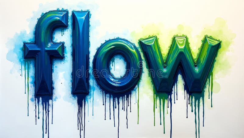 Abstract Flow Word in Blue and Green Drippy Paint on Canvas Stock ...