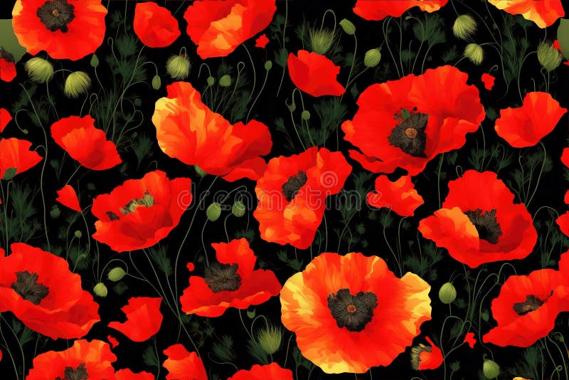 Abstract Flowers Background, Red Poppies Flowers Pattern on Black Wallpaper Generative AI Stock ...