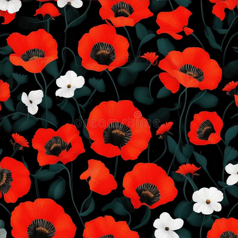 Abstract Flowers Background, Red Poppies Flowers Pattern on Black Wallpaper Generative AI Stock ...