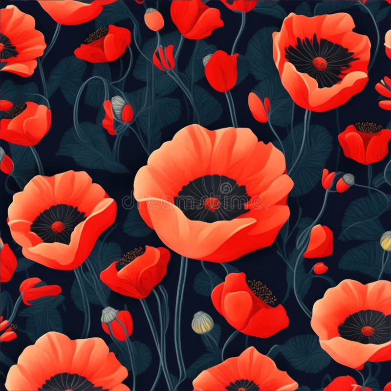 Abstract Flowers Background, Red Poppies Flowers Pattern on Black ...