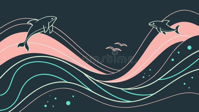 Abstract Flowing Lines with Figures Diving or Swimming, Dynamic Water ...