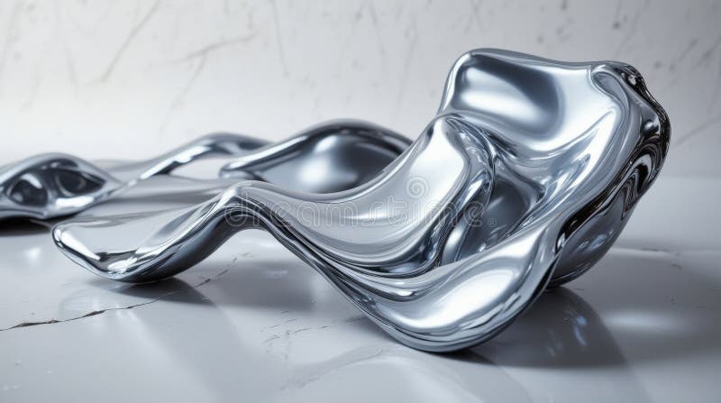 Abstract Flowing Metallic Sculpture on Marble Surface Displaying Smooth ...