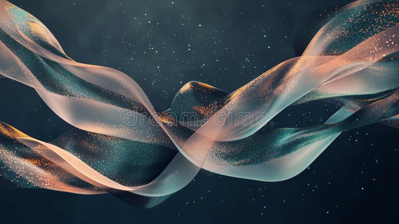 Abstract Flowing Ribbons with Glittering Particles, Floating in Dark ...