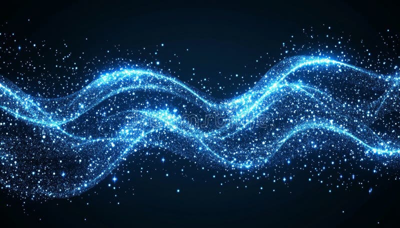 Abstract Flowing Swirl Particles, Blue Shining Glittering Lines, Wave ...