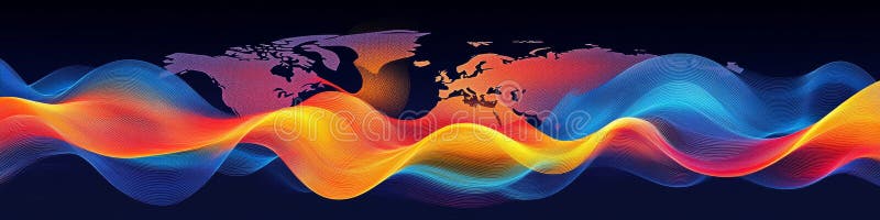 Abstract Flowing Waves and World Map, Digital Vector Art in Vibrant ...