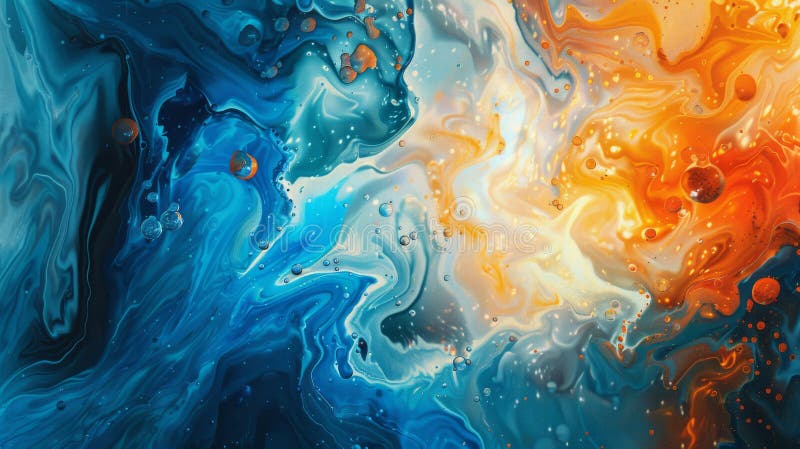 Abstract Fluid Art of Blue and Orange Colors Merging with Bubbles in ...