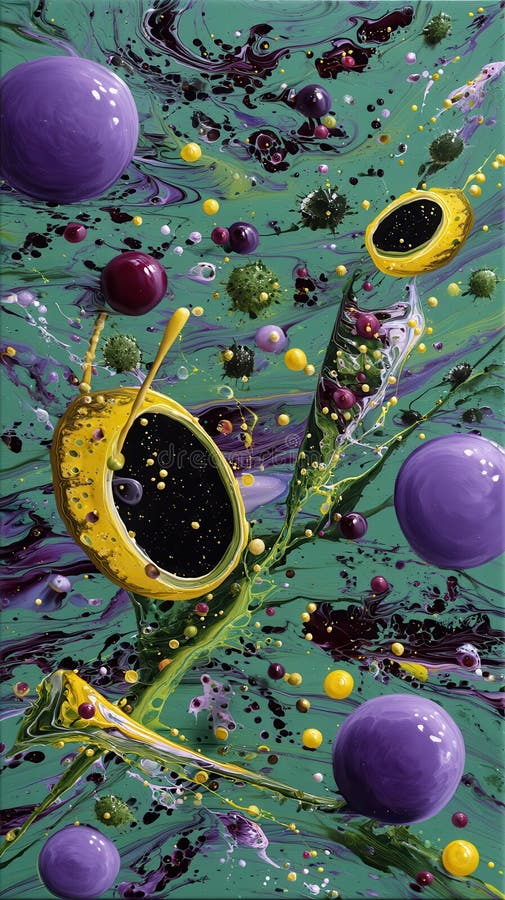 Abstract Fluid Art Expression with Floating Spheres, Paint Drips, and ...