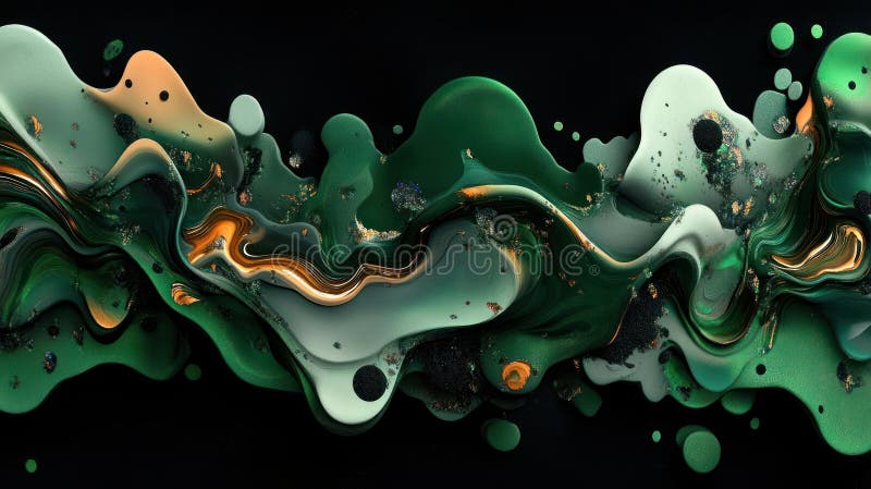 Abstract Fluid Art with Green, Gold, and Black Waves Creating a Dynamic ...