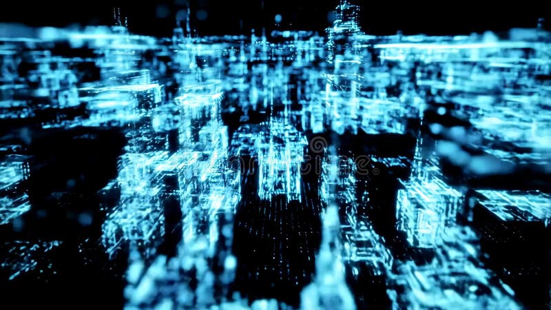 Futuristic Fly-through of a Glowing Blue Digital City Made of Complex Data Points and Light ...