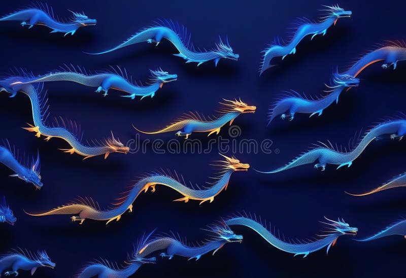Abstract Flying Dragons on a Dark Blue Background. Technological ...