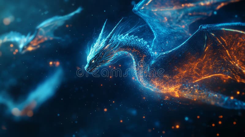 Abstract Flying Dragons on a Dark Blue Background. Technological ...