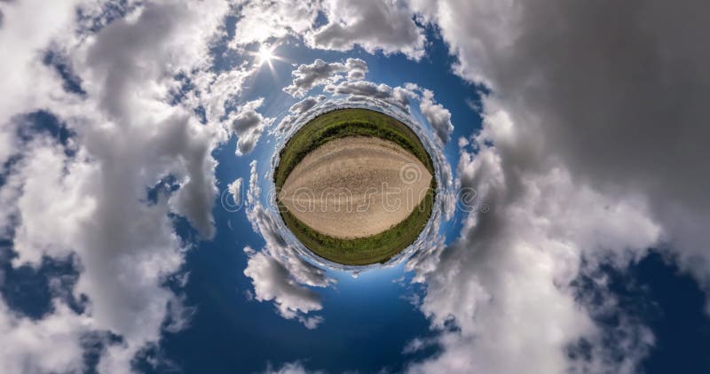 Abstract Folding of the Earth Plane into Tiny Planet in Blue Sky with ...