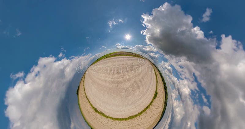 Abstract Folding of Tiny Planet in Blue Sky with Sun and Clouds. Little ...