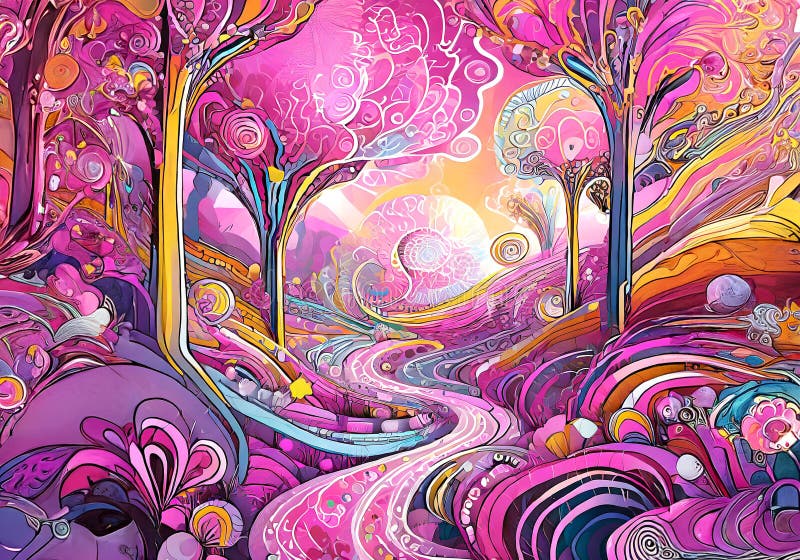 Abstract Forest Landscape in Psychedelic Style Dominated with Pink ...