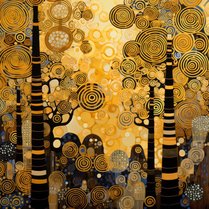 An Abstract Forest Scene with Golden Swirling Patterns, Stylized Trees ...