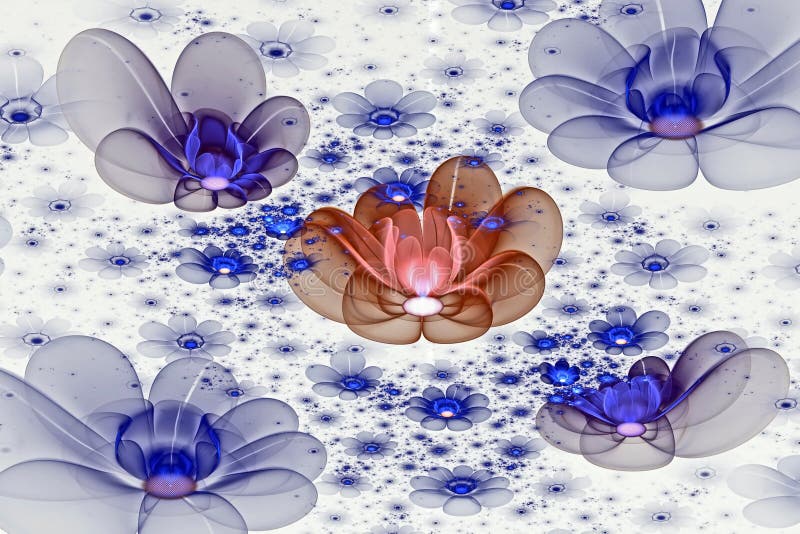 Abstract Fractal 3d Space Blue Flowers Against A Light Beautiful Starry