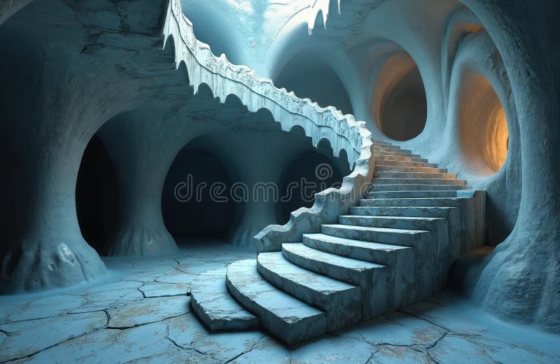 Abstract Fractal Spiral Staircase Architecture with Cool Tones, Surreal ...