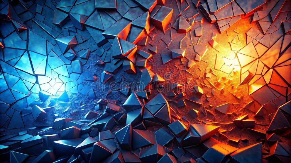 Abstract Fractured Surface with Glowing Blue and Orange Illumination ...
