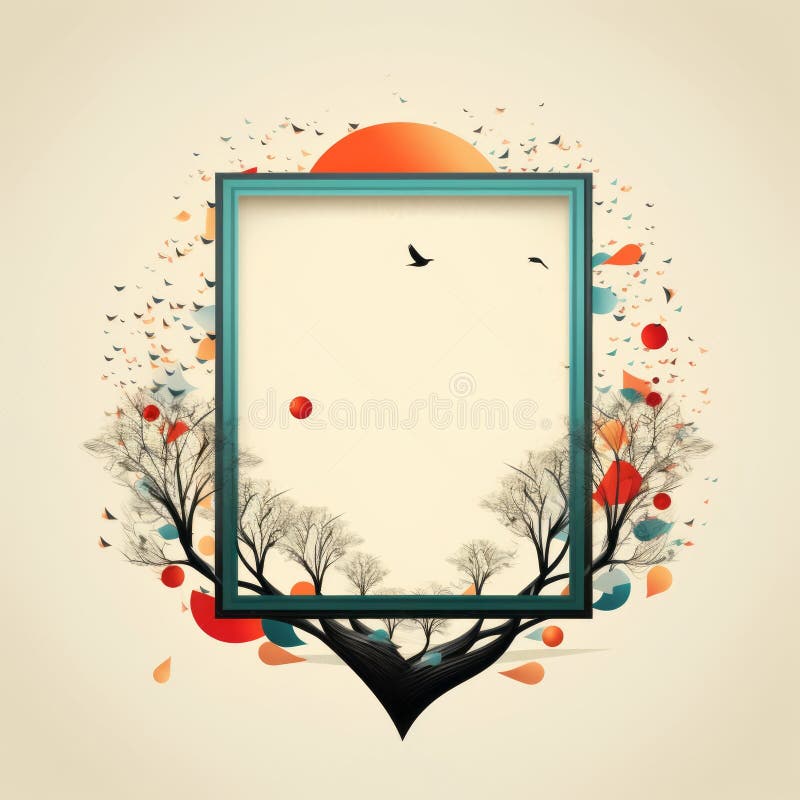 Abstract Frame with Birds and Trees on a Beige Background Stock ...