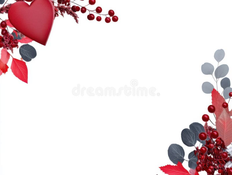 Abstract Frame of Red Berries and Leaves with a Decorative Heart on a ...