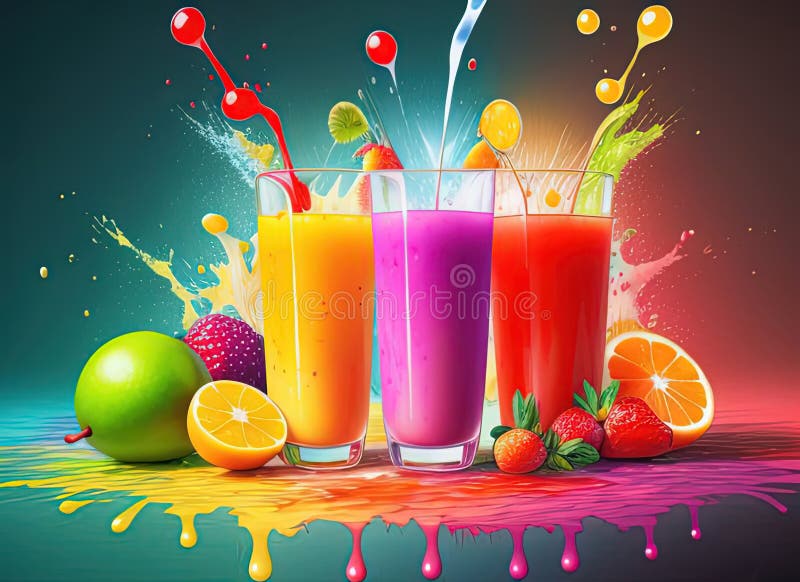 Abstract Fruit Juice, Illustration. Fruits with Juice Splash Stock ...