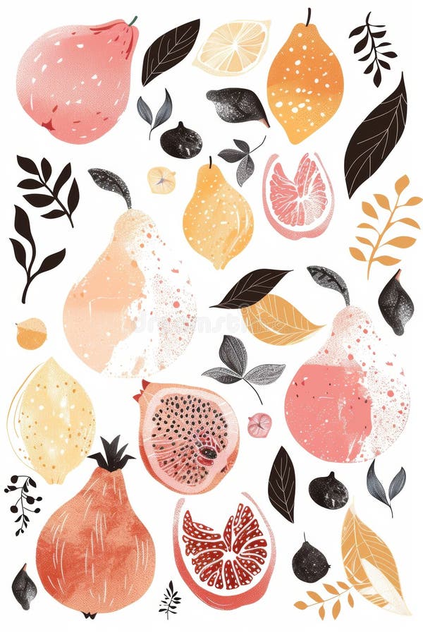 Abstract Fruit Art, Pomegranate, Pears, Figs, Lemon, Watercolor Texture ...