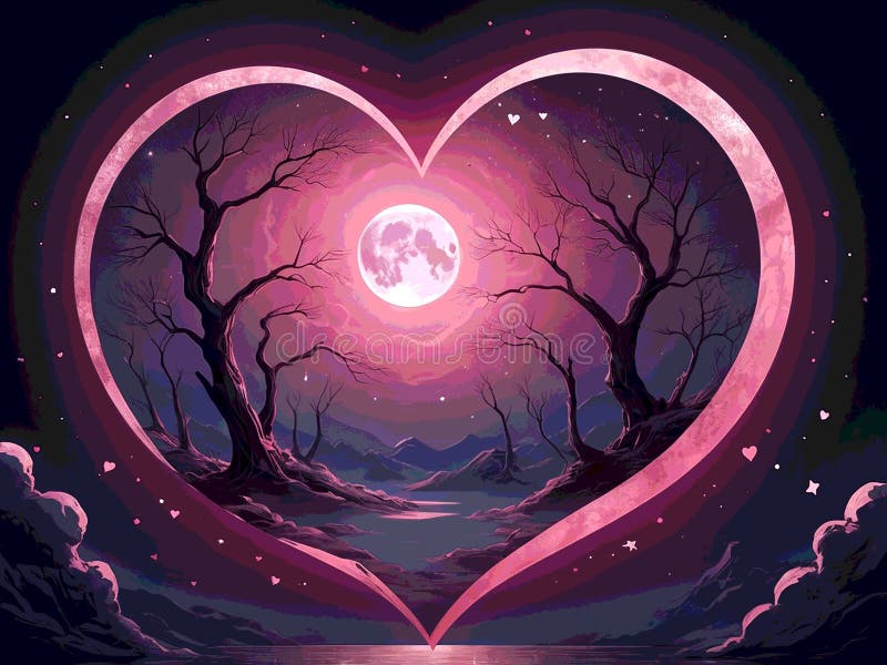 Abstract Full Moon Heart Shape Shines for Valentines Day Illustration ...