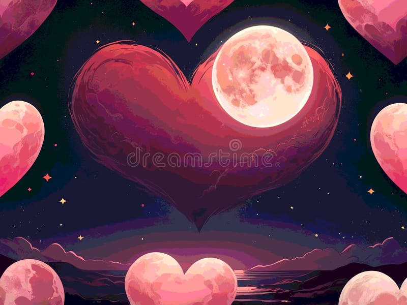 Abstract Full Moon Heart Shaped Shines on Valentines Day Illustration ...