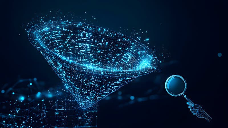 Digital Data Funnel with Magnifying Glass in Futuristic Style Stock ...