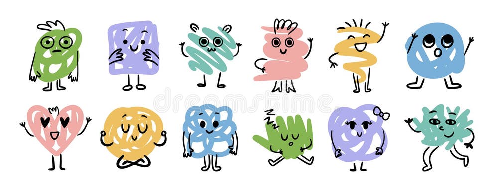 Abstract Funny Scribble Characters Different Emotions and Faces. Cute ...