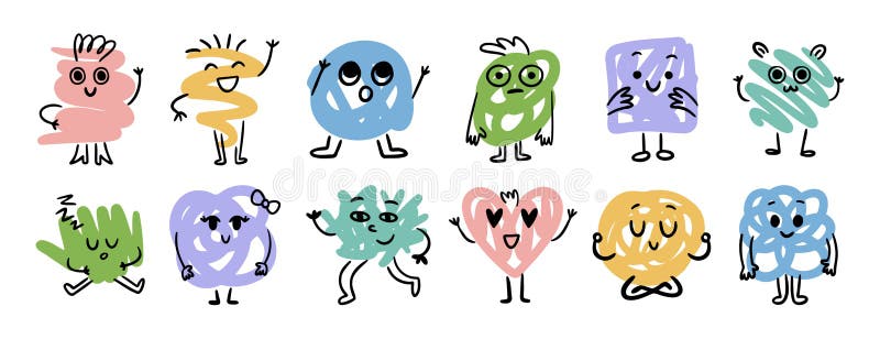 Abstract Funny Scribble Characters Different Emotions and Faces. Cute ...