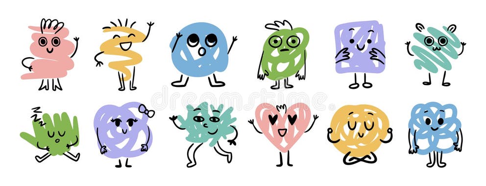Abstract Funny Scribble Characters Different Emotions and Faces. Cute ...