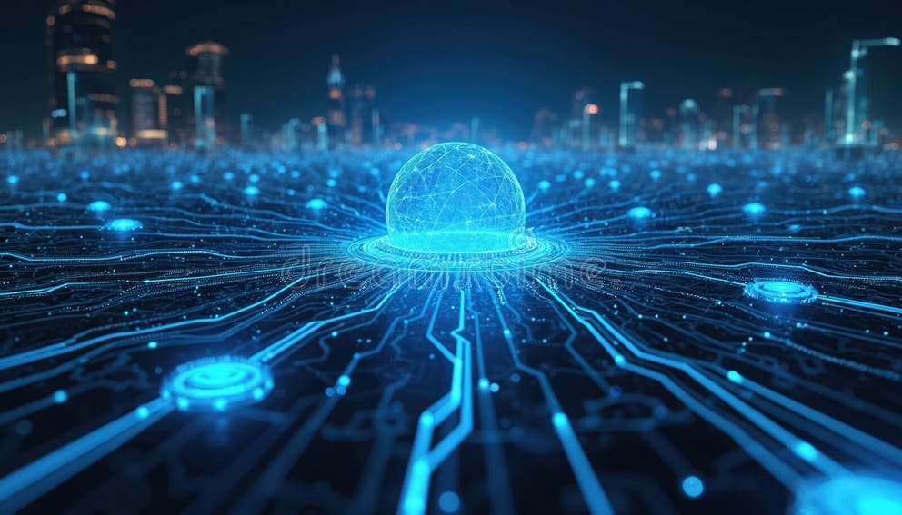 Abstract Future Technology Concept with Glowing Digital Sphere, Circuit ...