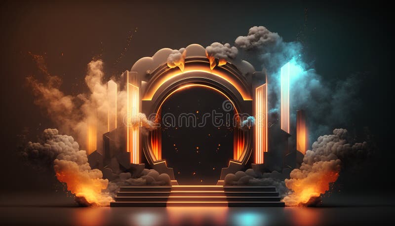 Abstract Futuristic Arch with Smoke and Fire, 3d Render Illustration ...