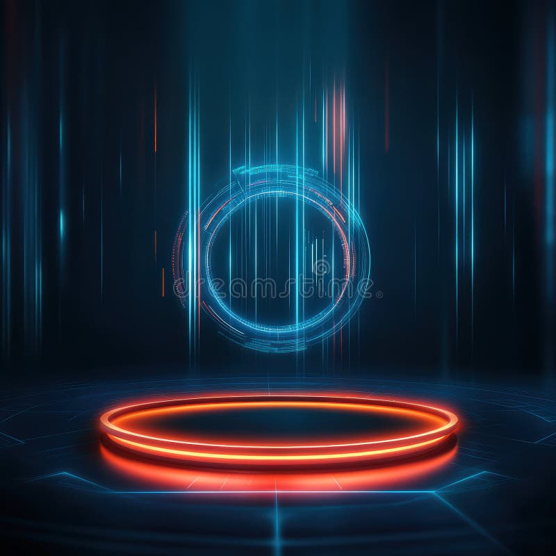 Futuristic Neon Stage and Abstract Glowing Rings Background. Stock ...