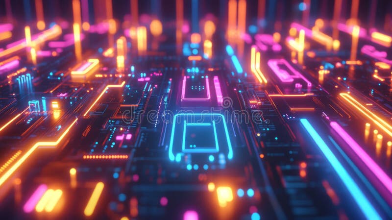 Abstract Futuristic Circuitry with Neon Lights Stock Illustration ...