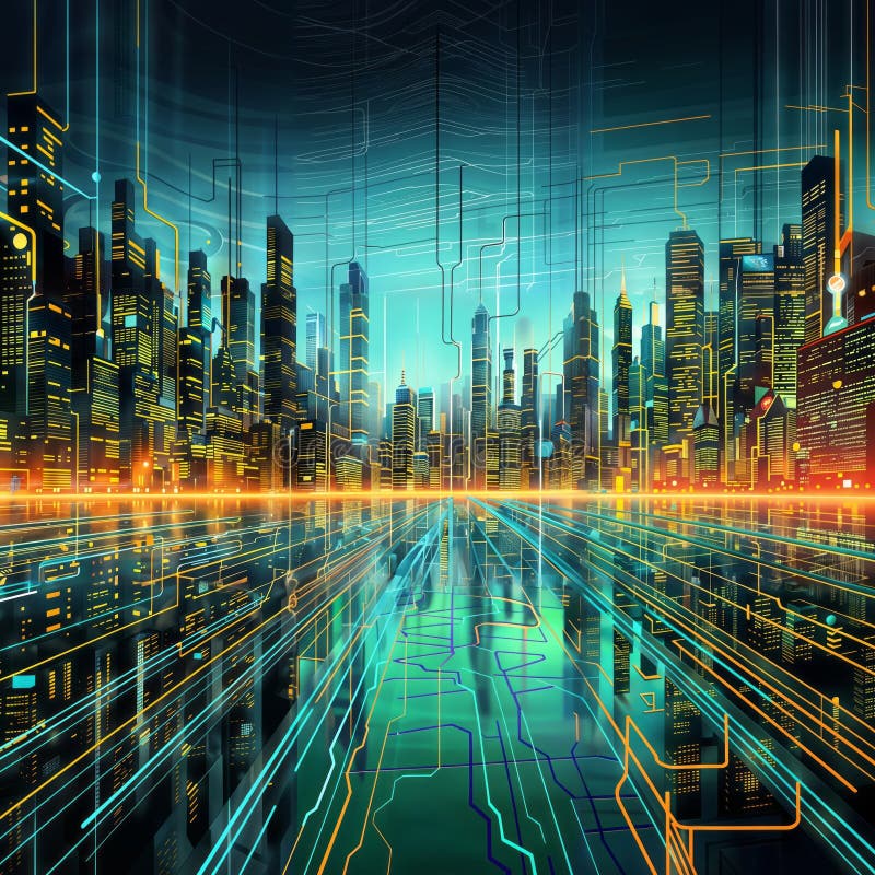 Abstract Futuristic City with High Tech Buildings and Lights. 3D ...