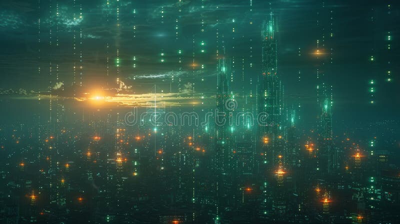 Abstract Futuristic Cityscape with Digital Code Rain Effect. Technology ...