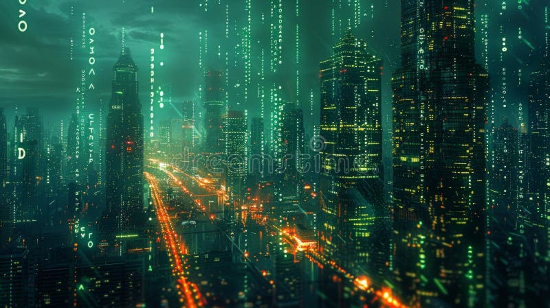 City View with Matrix Concept and Digital Connections. Virtual ...