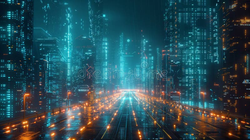 Abstract Futuristic Cityscape with Digital Code Rain Effect. Technology ...