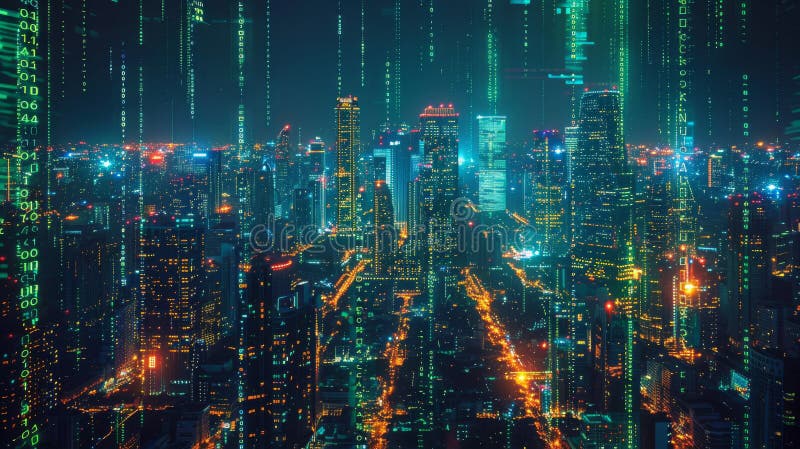 Abstract Futuristic Cityscape with Digital Code Rain Effect. Technology ...