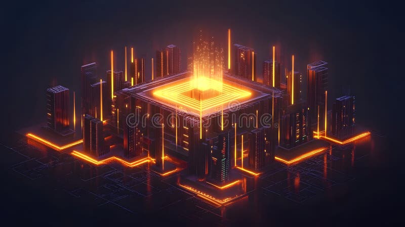 Futuristic Cityscape with Glowing Towers and Circuit Board Stock ...