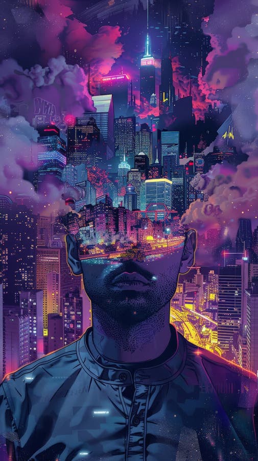 Abstract Futuristic Cityscape Integrated into a Man 92s Head Profile. a ...