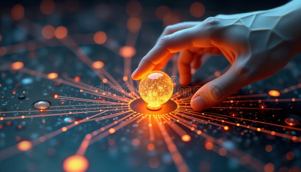 Abstract Futuristic Graphic Displays Hand Touching Glowing Orb on ...