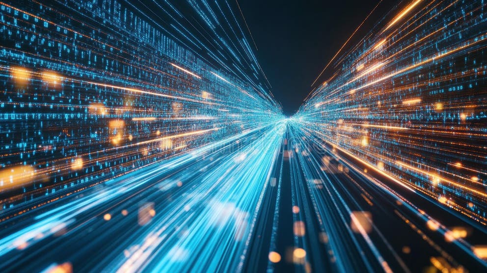 Futuristic Data Stream Visualization with Binary Code and Orange Light ...