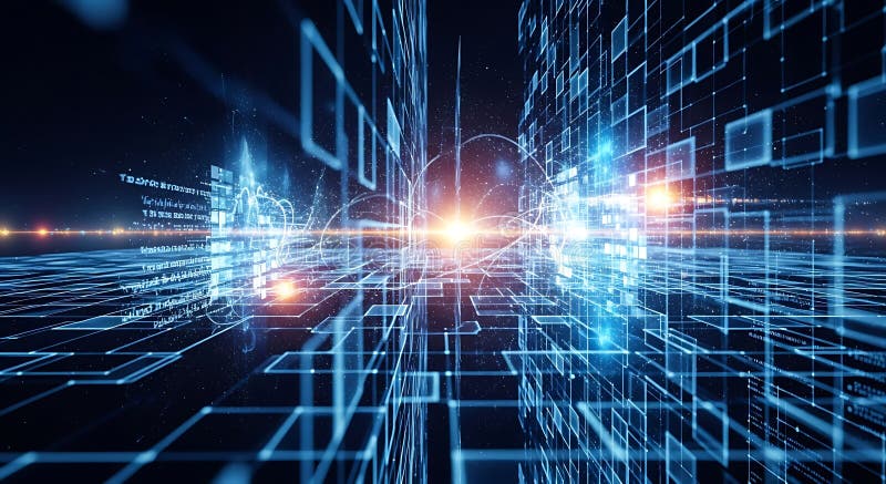 Futuristic Digital Data Network Grid with Central Light Burst Stock Illustration - Illustration ...