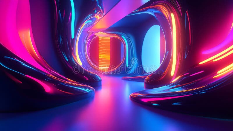 Abstract Futuristic Neon Corridor with Curved Walls Stock Illustration ...