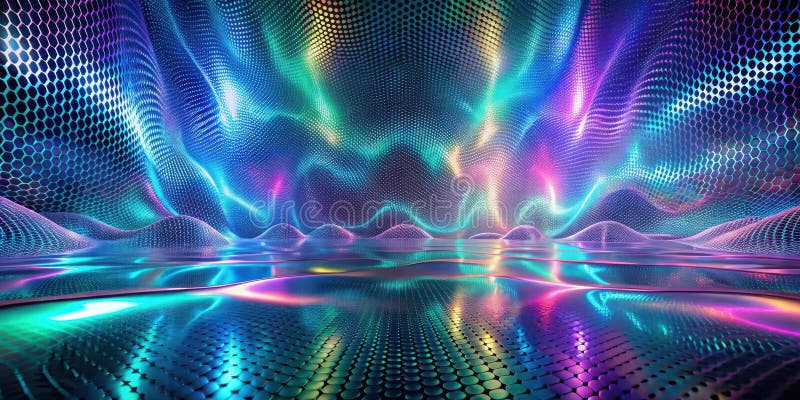 Abstract Futuristic Neon Landscape with Reflective Surface and ...