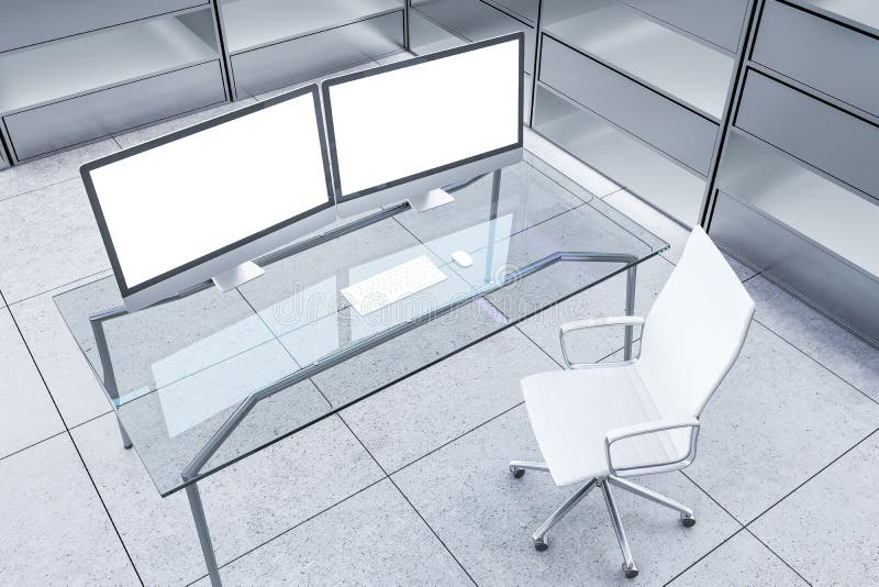 Abstract Futuristic Office Interior with Two Blank White Computer ...